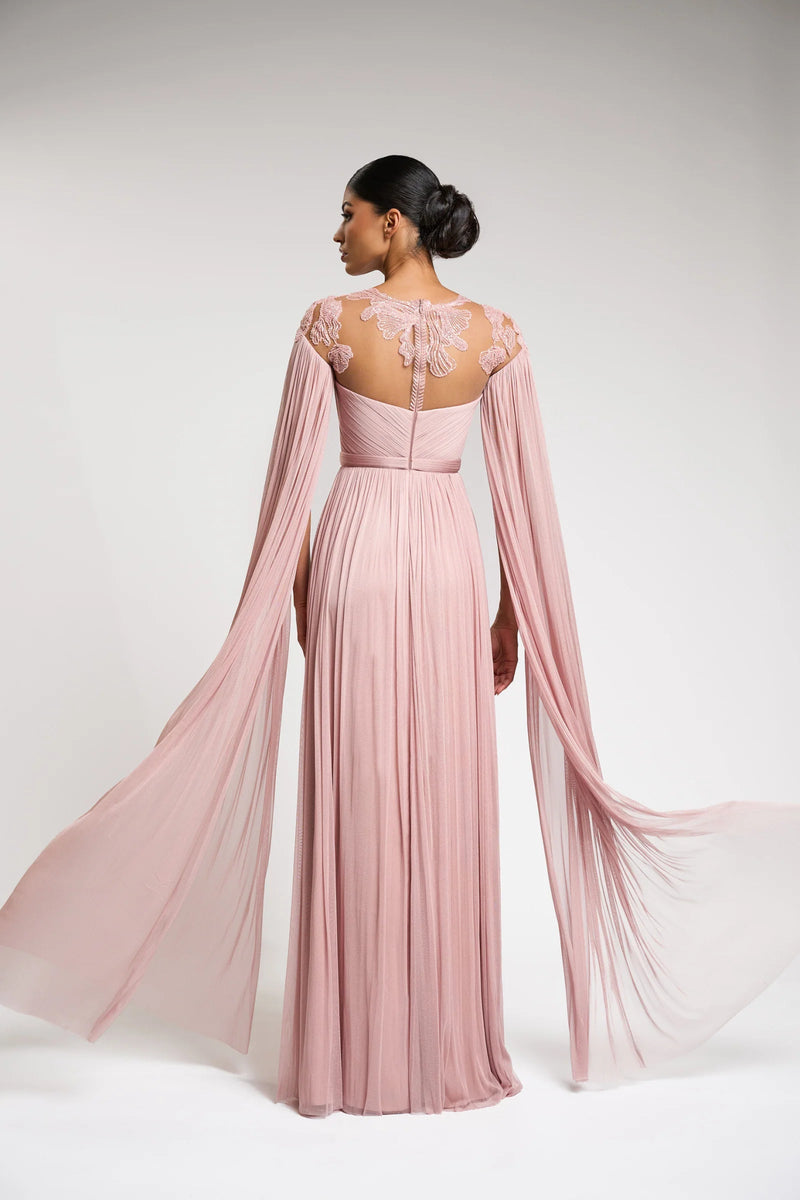 Cristallini “Beatriz” Draped Evening Gown in Pink with Lace Shoulders ...