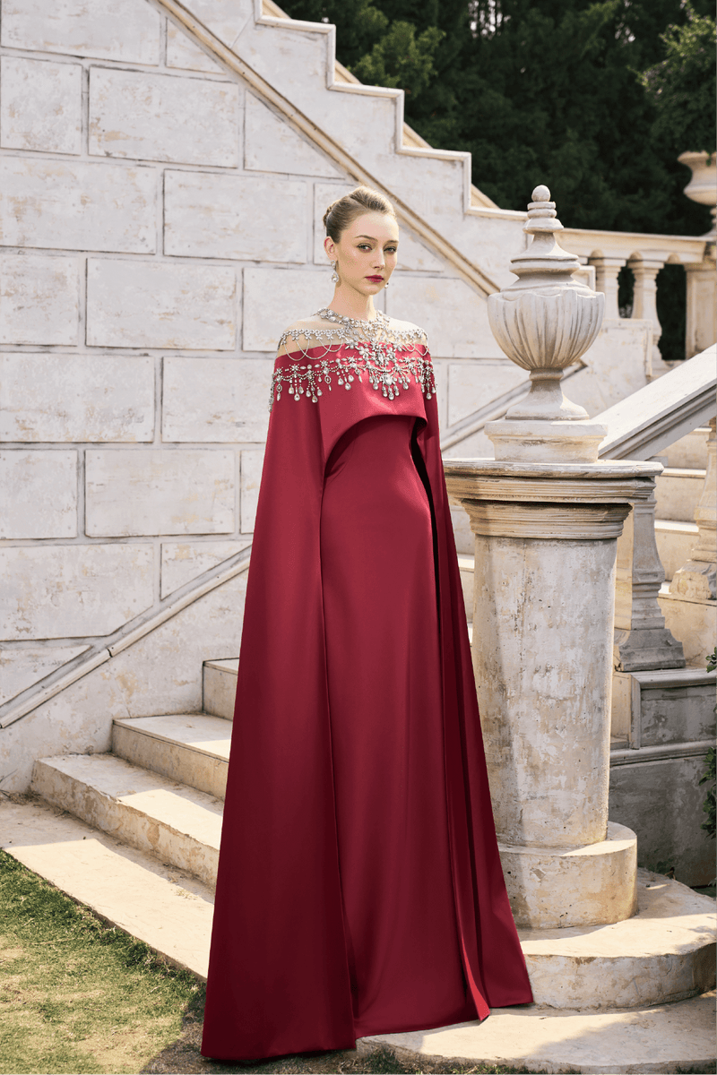 Tracy Couture Red Embellished Cape Gown – Al Boushiya – ALBOUSHIYA