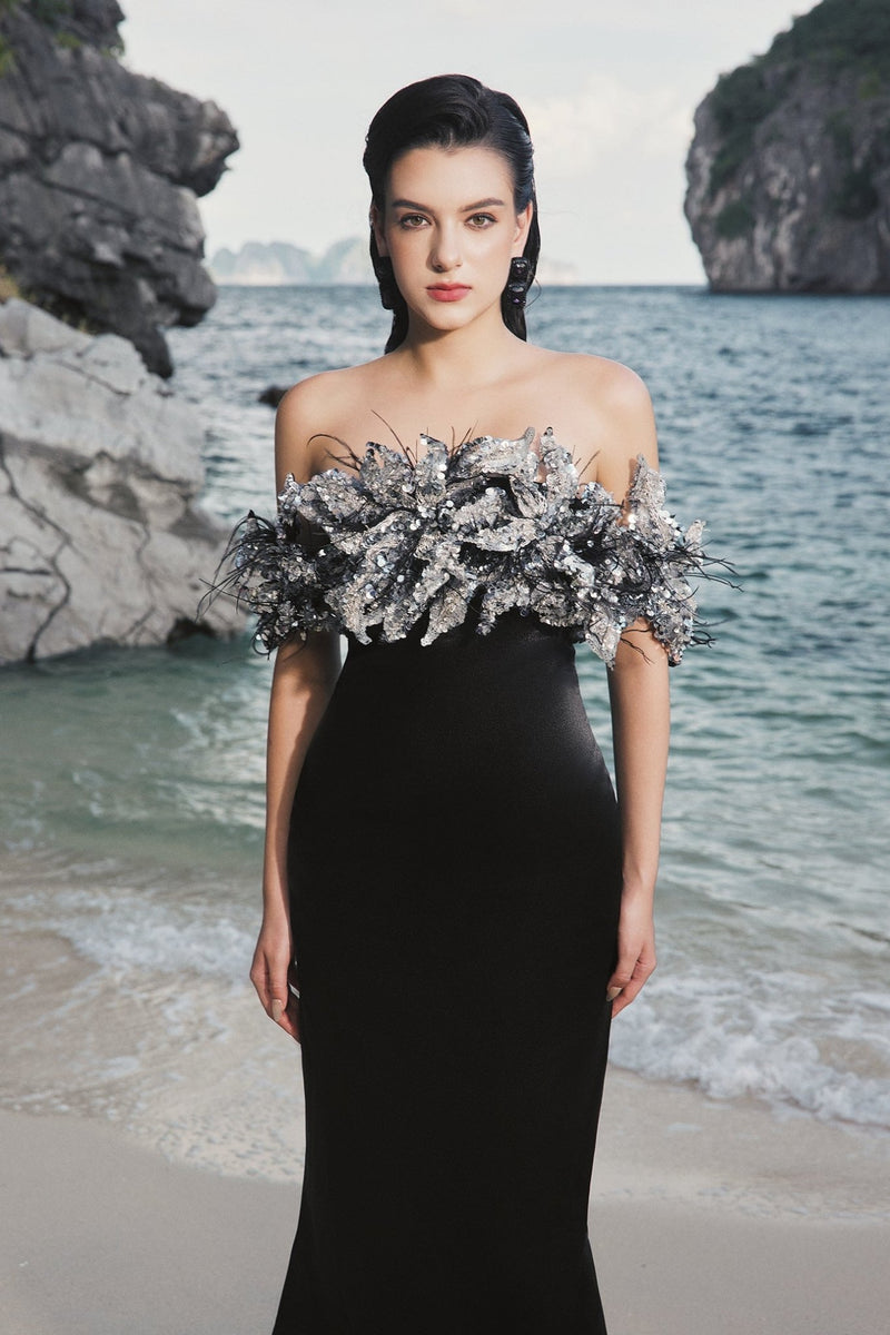 TRACY STUDIO - Nicole Trumpet Off-Shoulder Silk Extra Long Length Dress ...