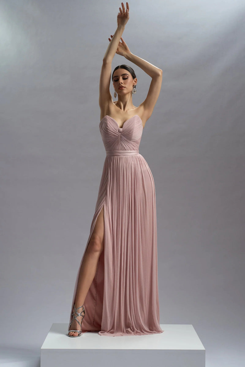Cristallini “Pandora” Strapless Pleated Evening Gown in Pink – Luxury ...