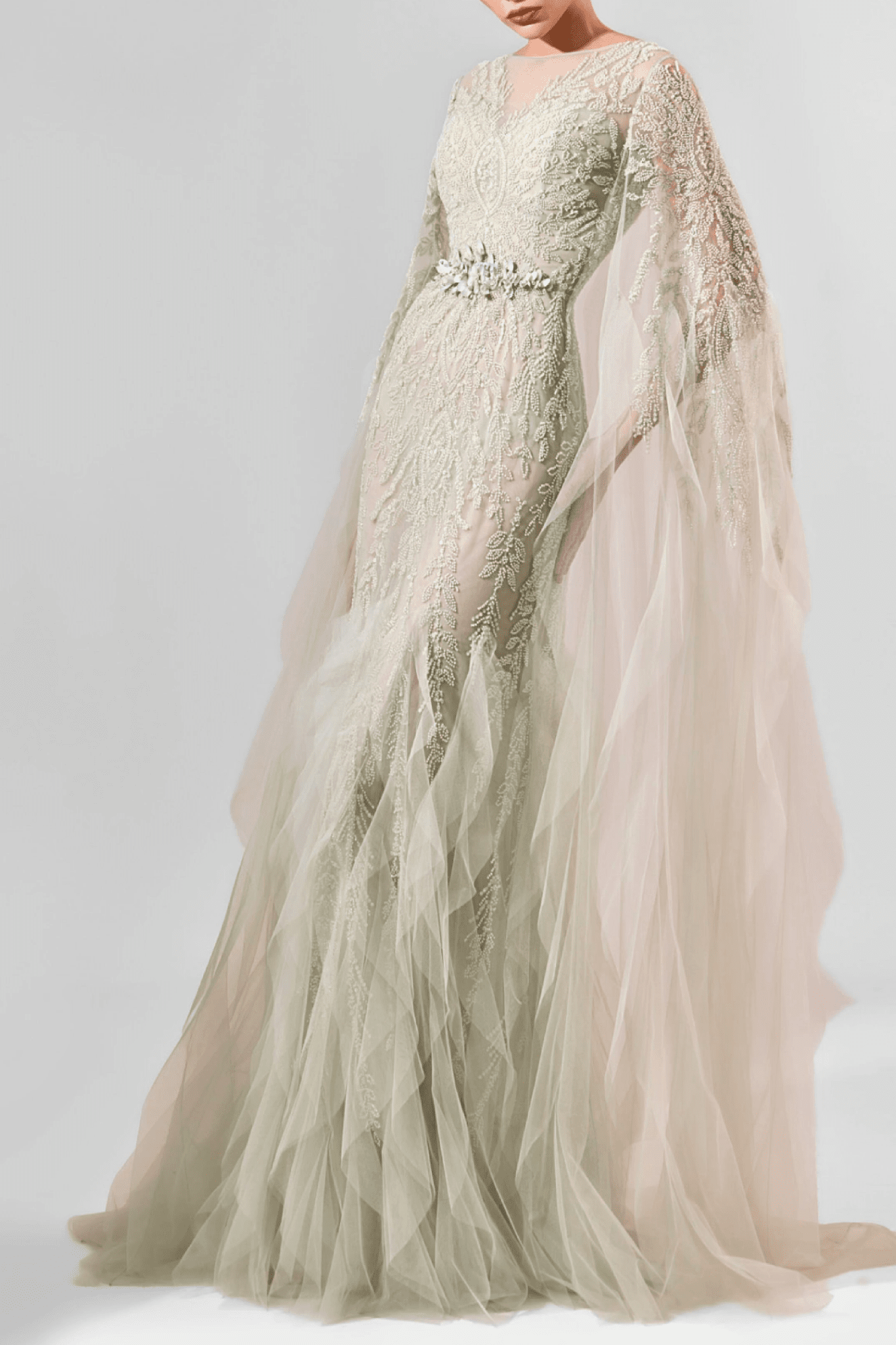 Bilal El Dana Sage Green Embellished Gown with Cape Sleeves – Al ...