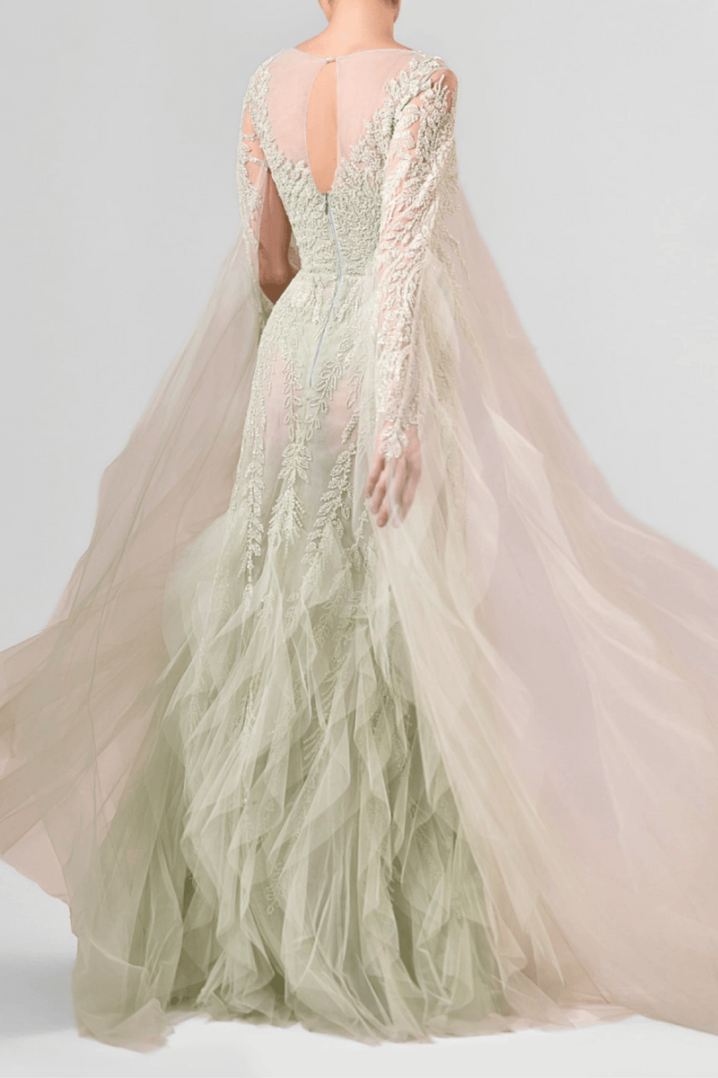 Bilal El Dana Sage Green Embellished Gown with Cape Sleeves – Al ...